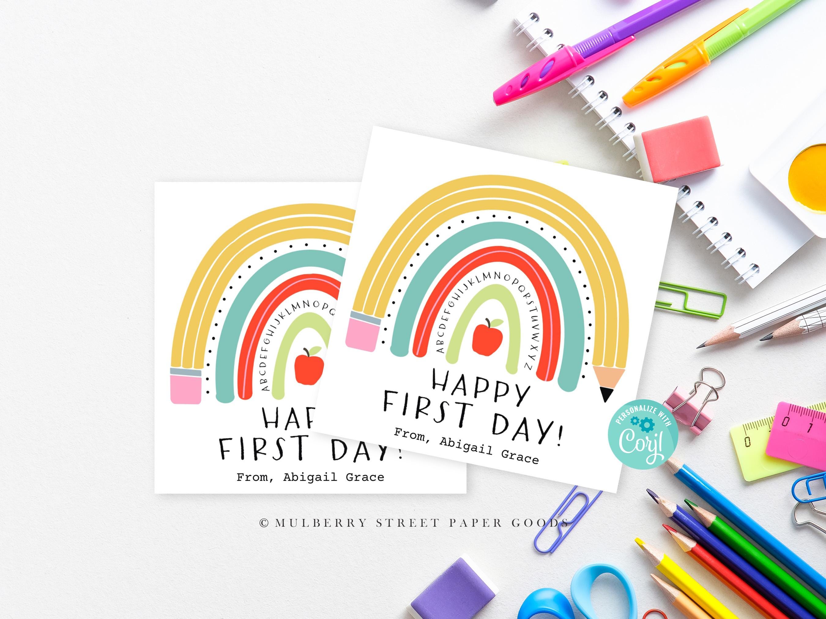 Printable First Day of School Gift Tag, School Supplies Rainbow Tag ...
