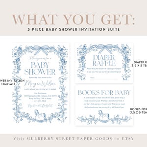 Editable Blue Toile Baby Shower Invitation Bundle Toile De Jouy Blue ...