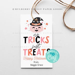 Halloween Printable Gift Tag Pink Halloween No Tricks Just Treats Cute ...