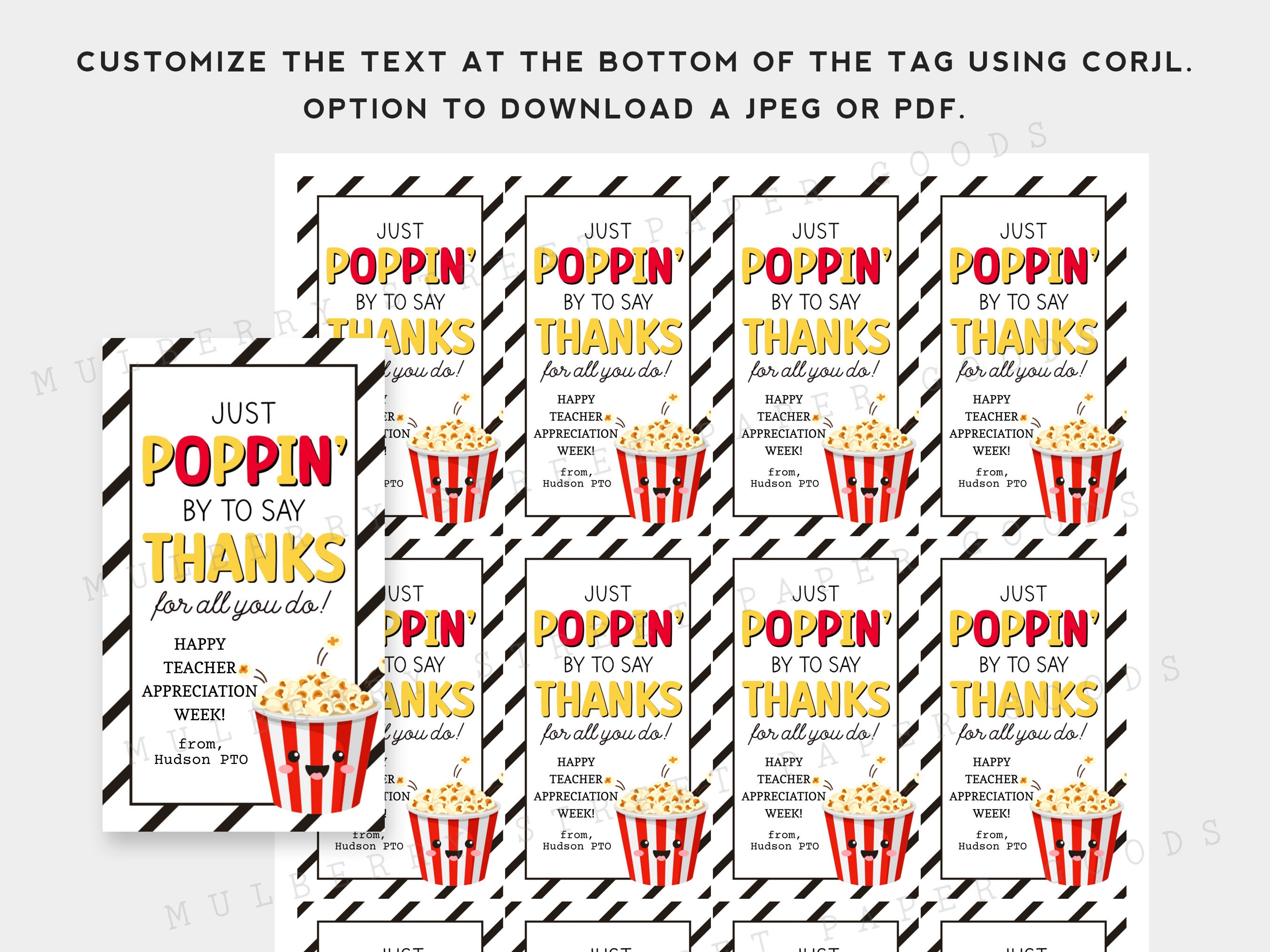 Just Popping by to Say Thanks for All You Do Gift Tag, Popcorn Gift Tag ...