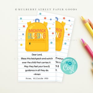 Editable Backpack Blessing Tag Printable Back to School Instant ...