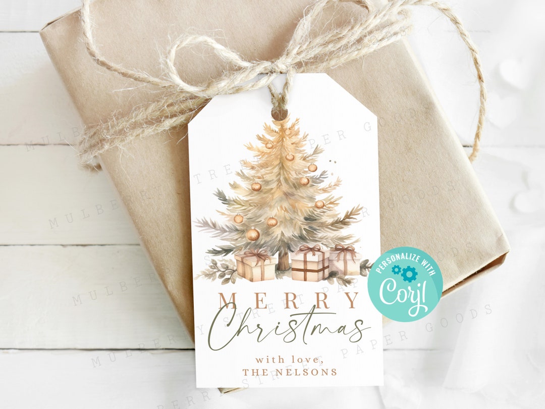 Printable Merry Christmas Gift Tag, Pretty Christmas Tree Editable Tag ...