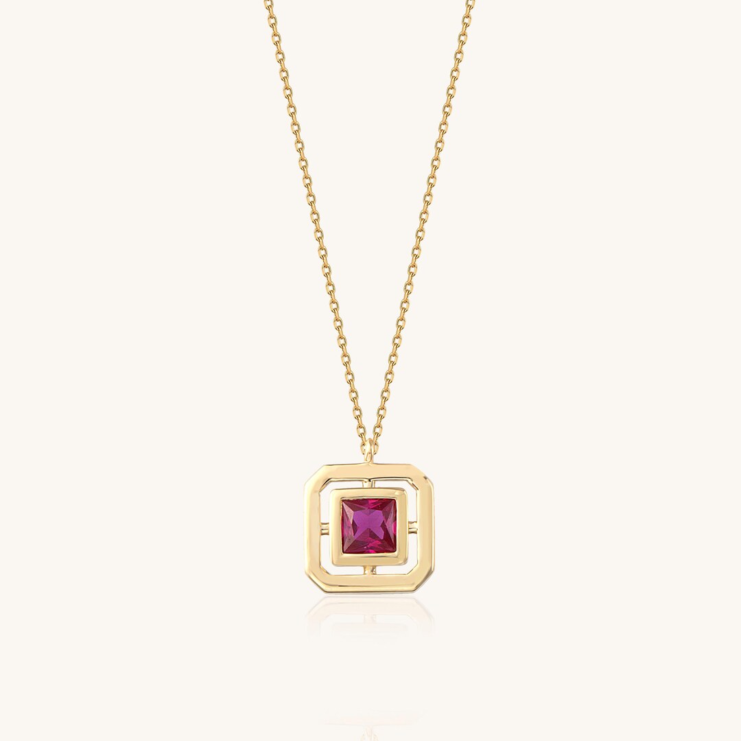 14K Gold Ruby Square Pendant Necklace With Modern Geometric Frame ...