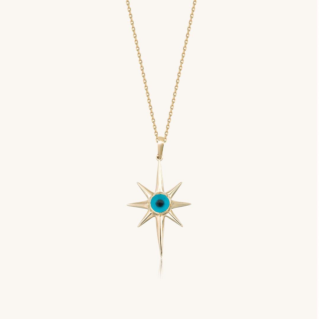 14K Solid Gold Evil Eye Star Necklace, Celestial Protection Pendant ...