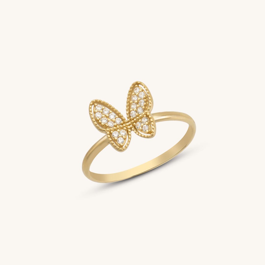 14K Solid Gold Butterfly Ring, Flutter Elegance Ring, Ethereal Wings ...