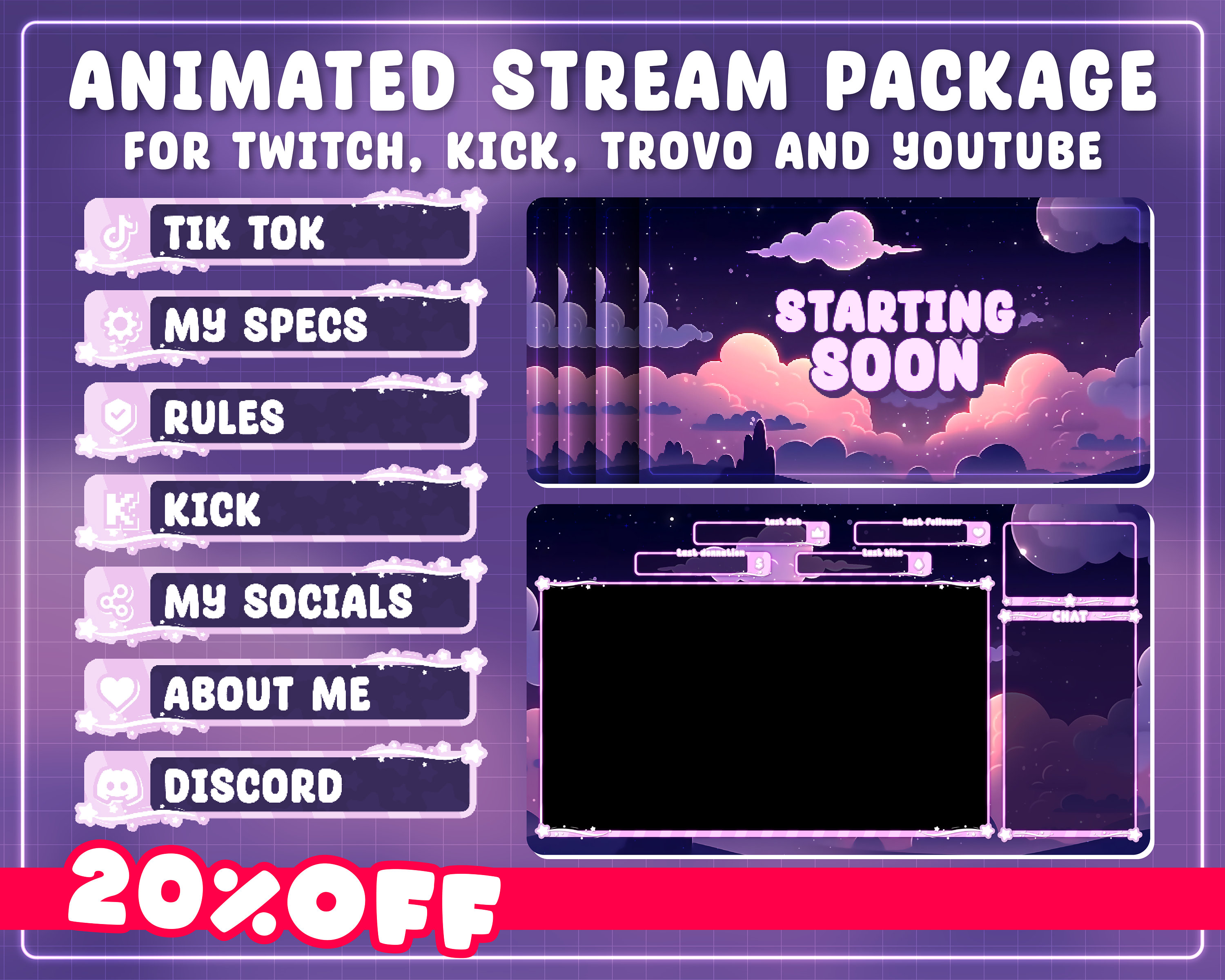 Animated Stream Package / Kick Overlay / Streaming Package / Cute and ...