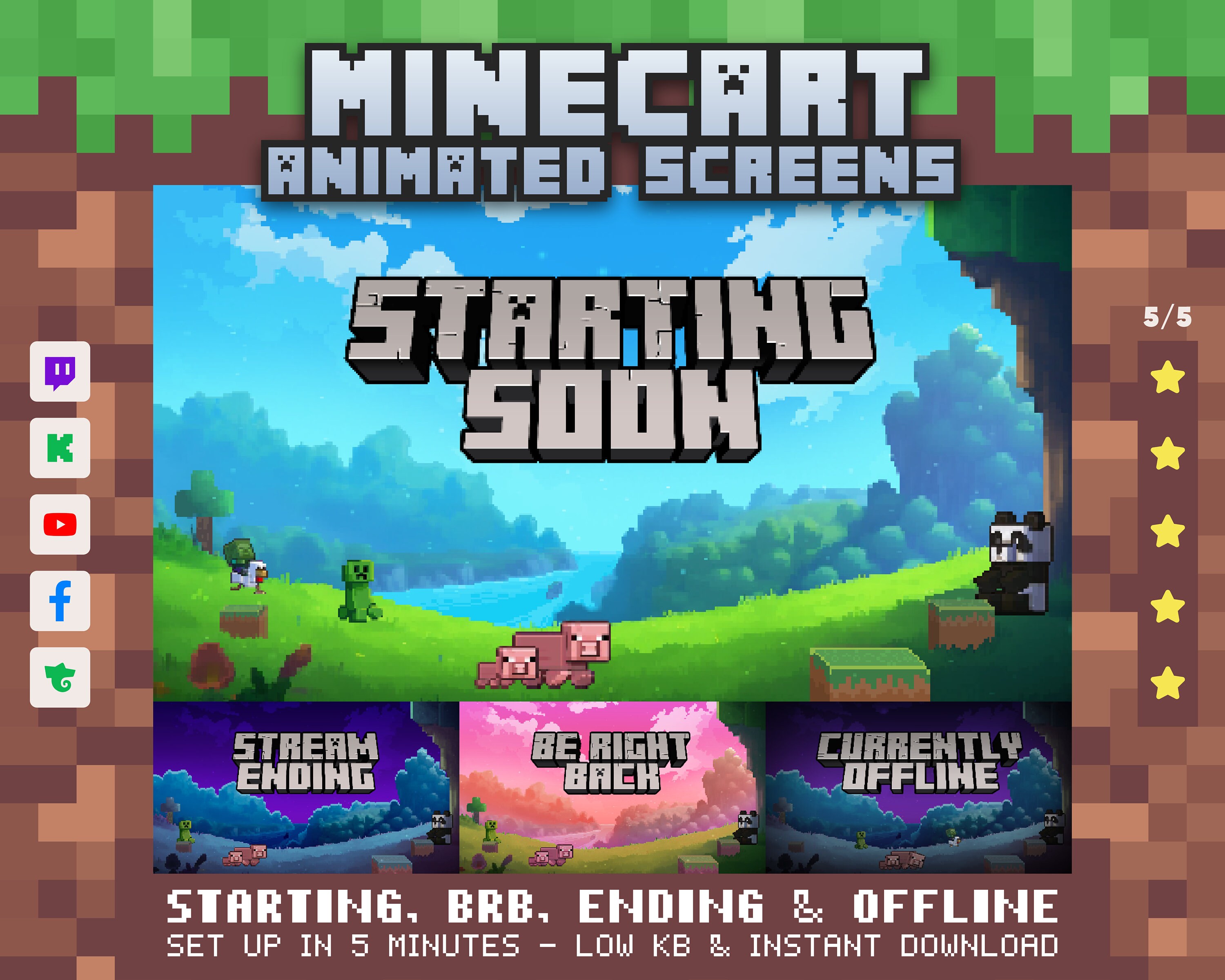 Animated Pixelgame Stream Screens | Minecart Stream Overlay | OBS Live ...