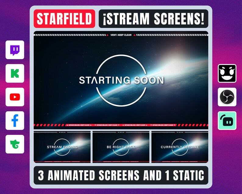 STARFIELD Stream Screens, Animated Starting Soon, Be Right Back, Ending ...