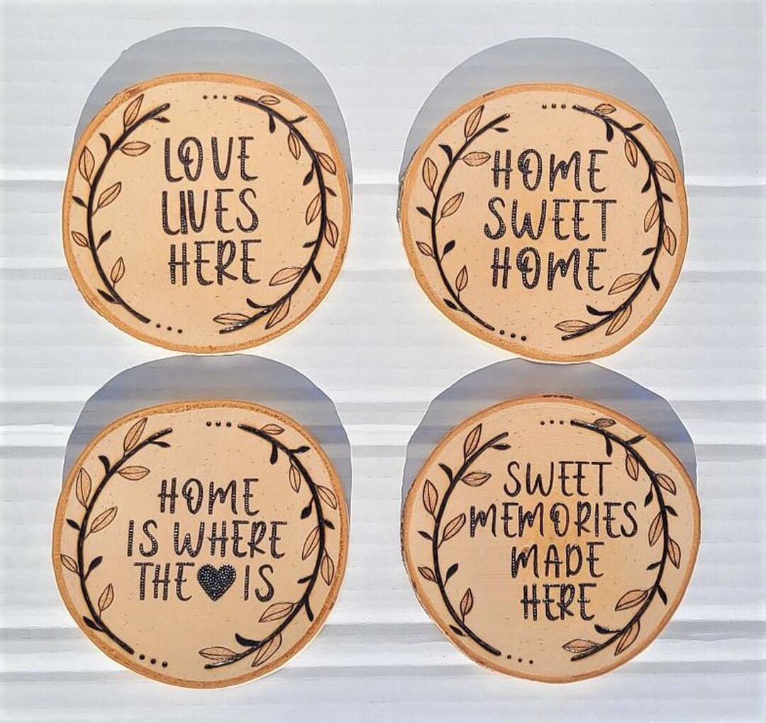 Wood Burned Coasters, Decorative Coasters, Set of 4, Home Love Coasters ...