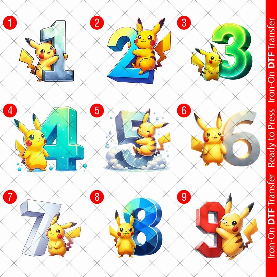 Pikachu Pokemon Birthday Number Iron on Number DTF Transfer A6 A5 A4 T ...