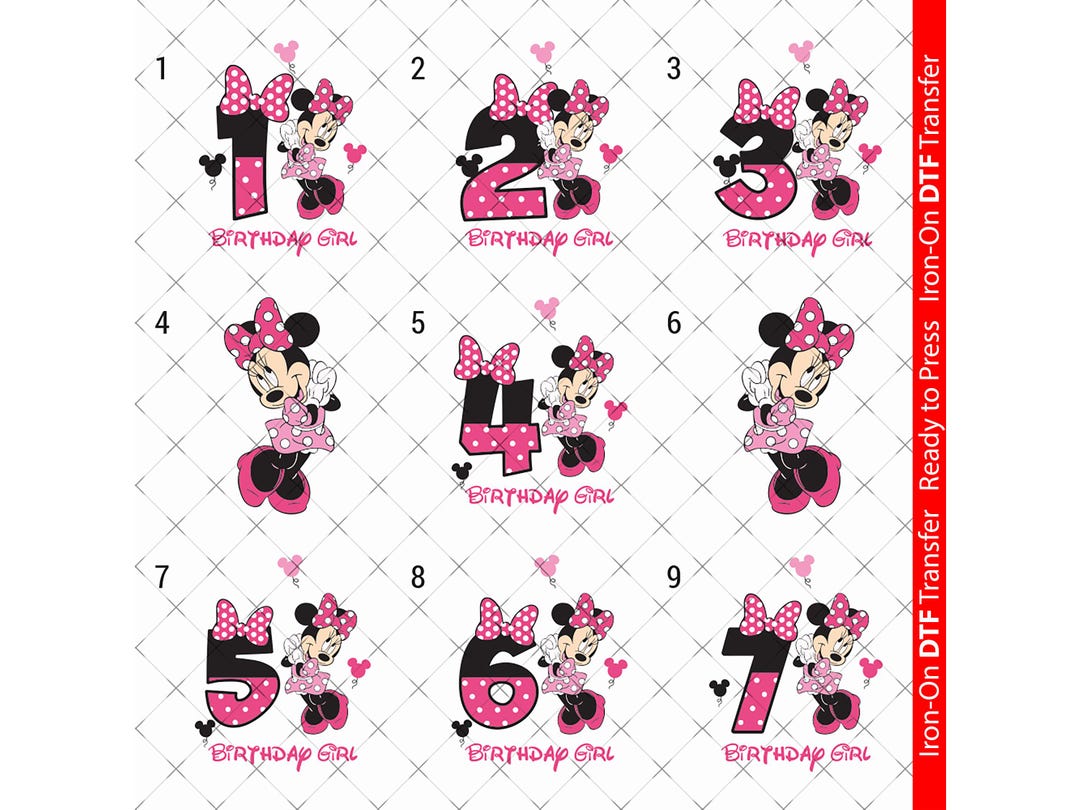 Minnie Birthday Girl Numbers 1-7 DTF Iron on Heat Transfer Sticker for ...