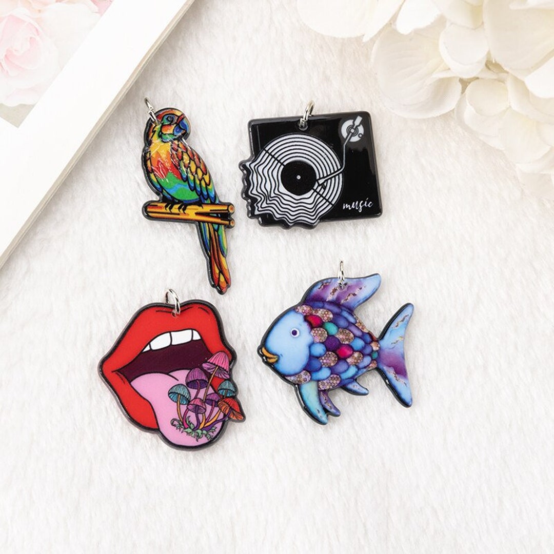 Rainbow Fish Acrylic Charm | Lips Mushroom | Record Player | Parrot ...