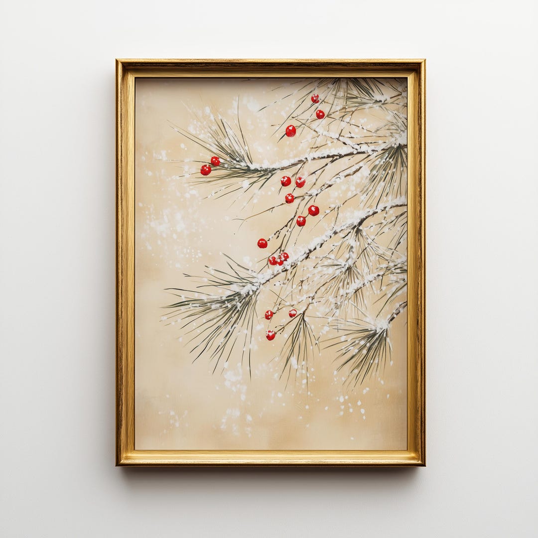 Winter Pine Branch Print – Snowy Red Berries, Farmhouse Decor (digital ...