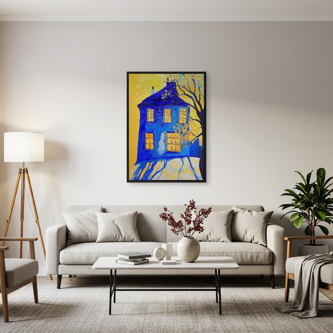 Blue House Art Print: Whimsical Expressionist Painting, Bright Yellow ...