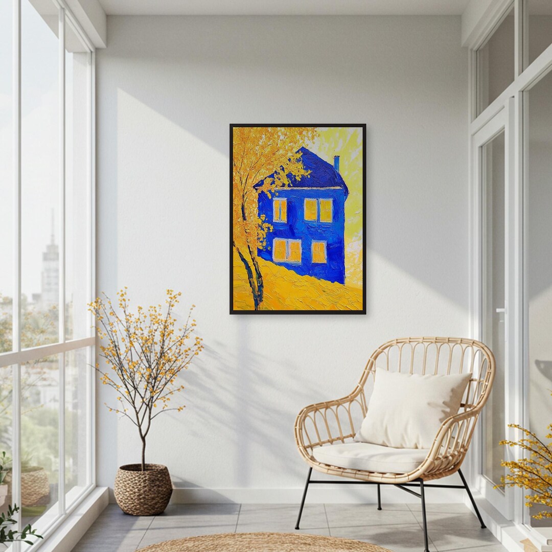 Yellow Field Blue House Wall Art – Dreamy Expressionist Landscape for ...