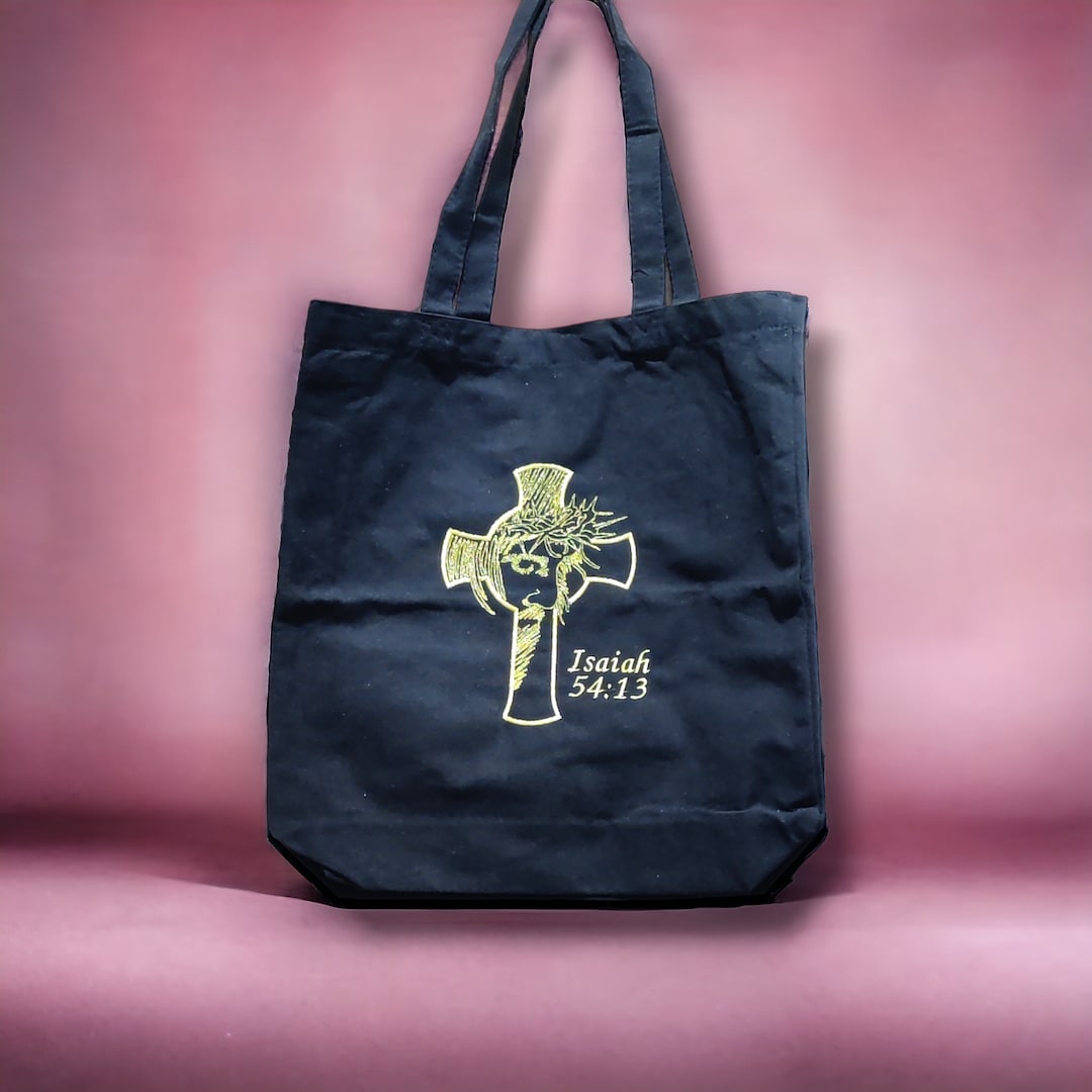 Tote Embroidered Jesus Cross Gold Stitched Black Bag Gift for Church ...