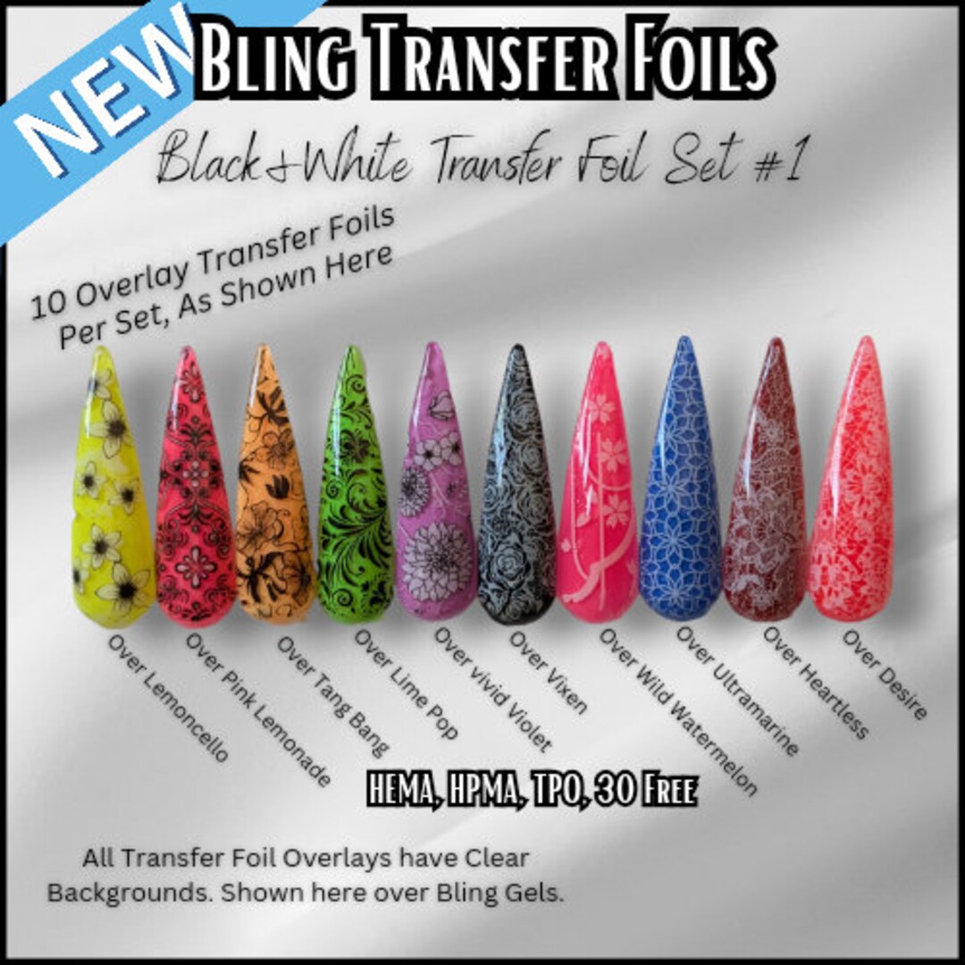Black & White Transfer Foil Overlay Set 1 Accent Nails or Entire Mani ...