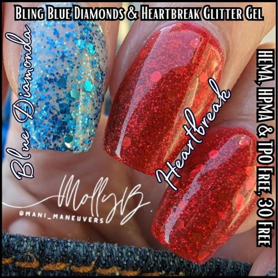 Diamond Heartbreak Mani | Blue Diamonds & Heartbreak (red) Glitter Gel ...