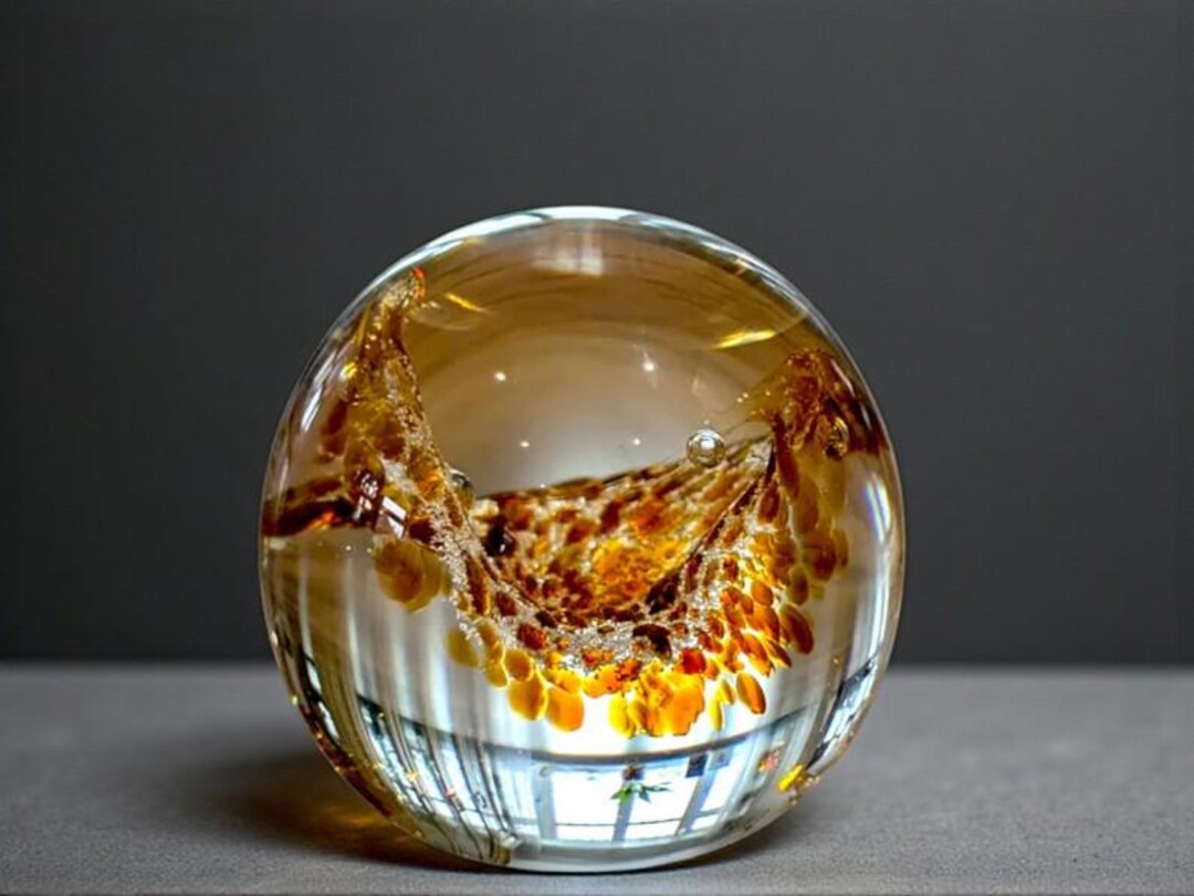 Handmade Golden Art Glass Paperweight – Swirl Bubble Globe Desk Décor ...