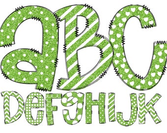 Doodle Letters, Dark Green Glitter Alphabet Bundle PNG, Pattern ...