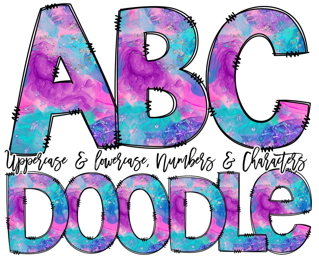 Doodle Font Pink Purple Blue Ink Doodle Doodle Letters PNG, Sublimation ...