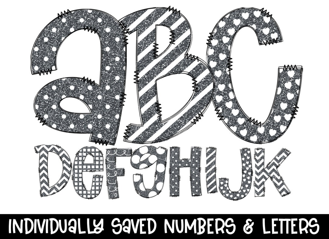 Doodle Letters, Dark Grey Silver Alphabet Bundle PNG, Pattern ...