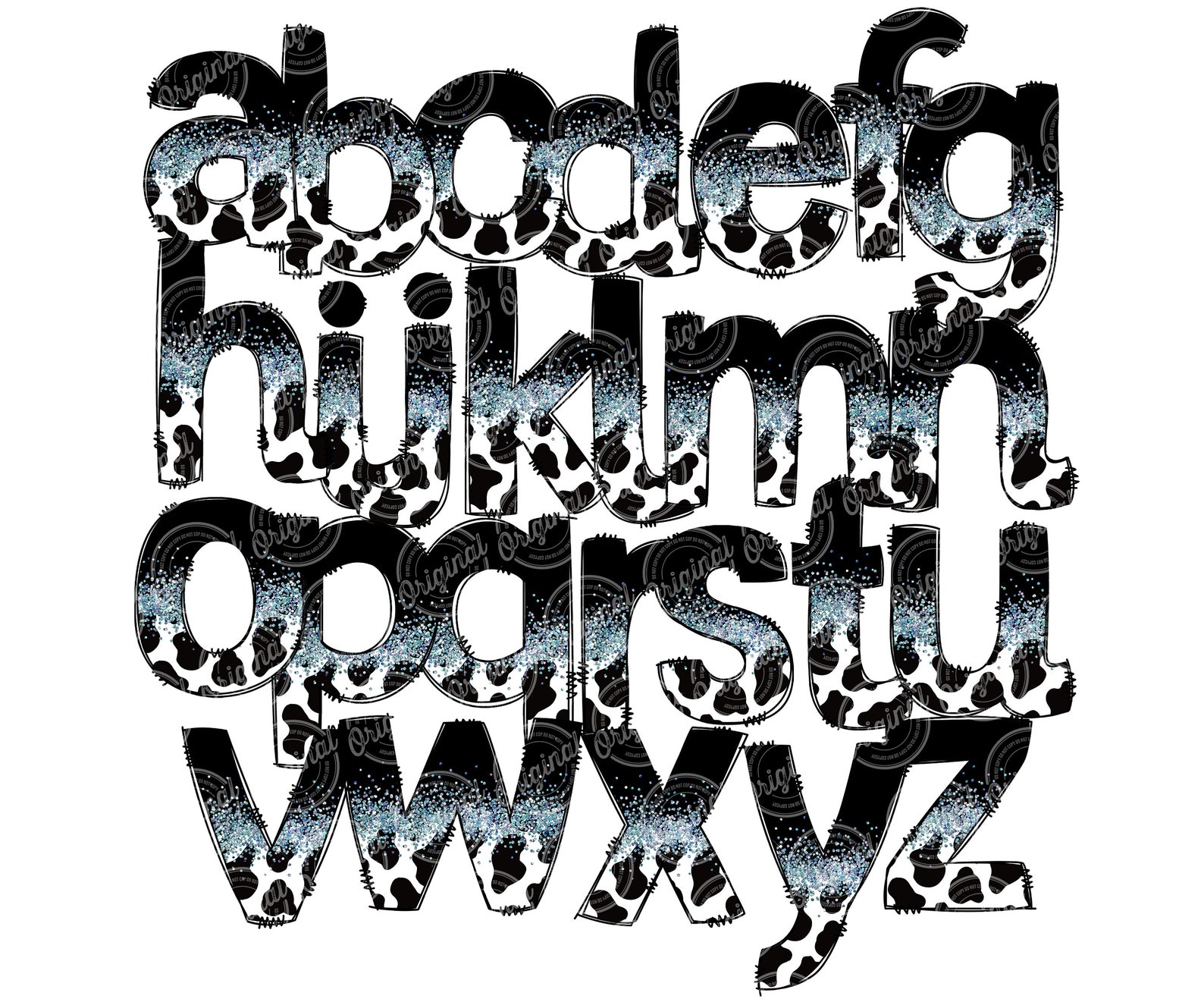 Doodle Font Cow Print Half Glitter Doodle Letters, Cow Hide Western ...