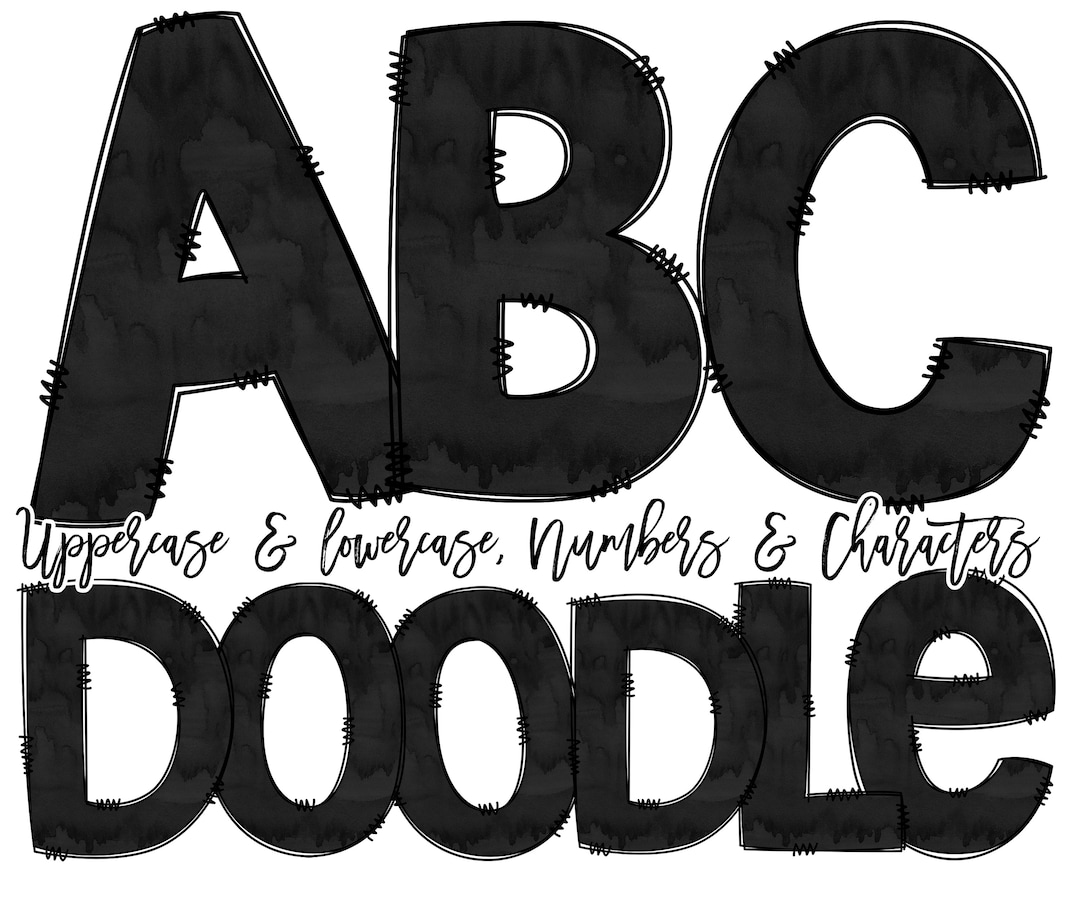 Black Watercolor Doodle Font Letters & Numbers Commercial Use ...