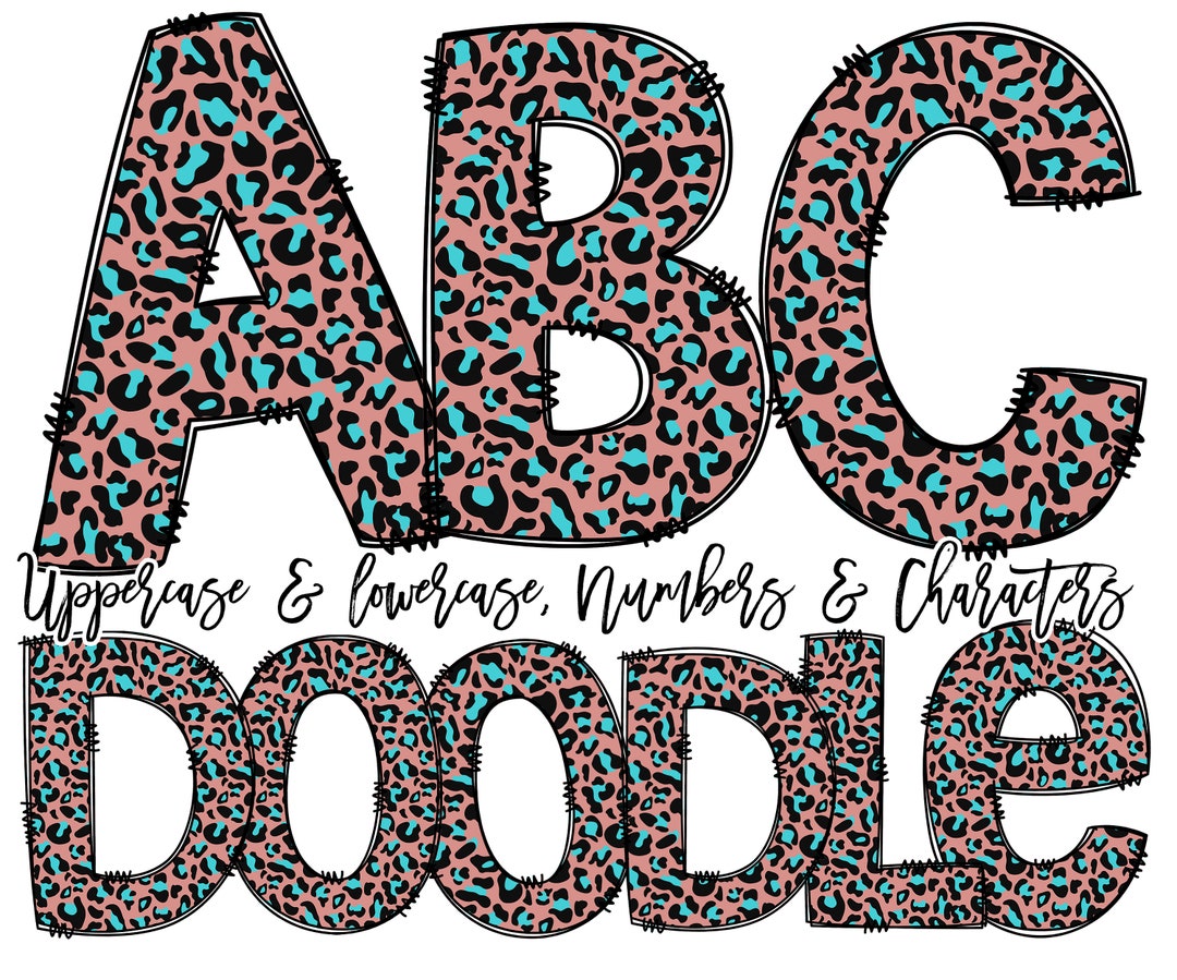 Doodle Font Pink Teal Leopard Doodle Letters, Animal Print Alphabet ...