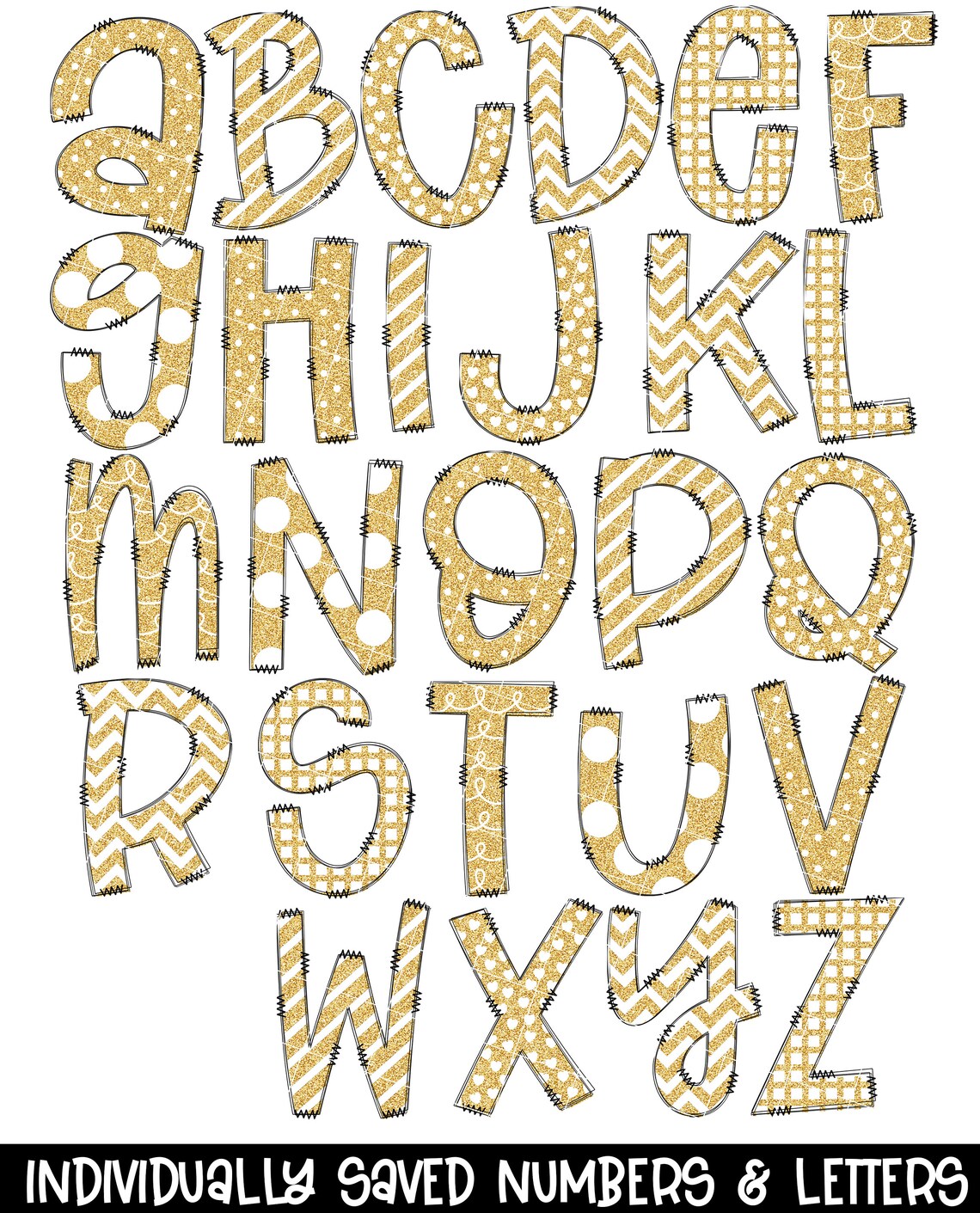 Doodle Letters Gold Glitter Alphabet Bundle PNG Pattern | Etsy