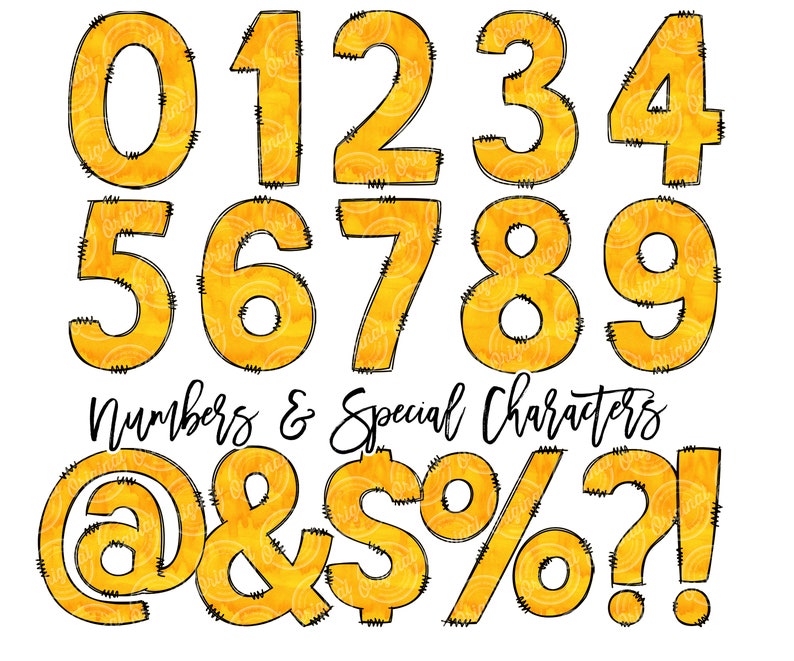 Dark Yellow Watercolor Doodle Font Letters & Numbers Commercial Use ...