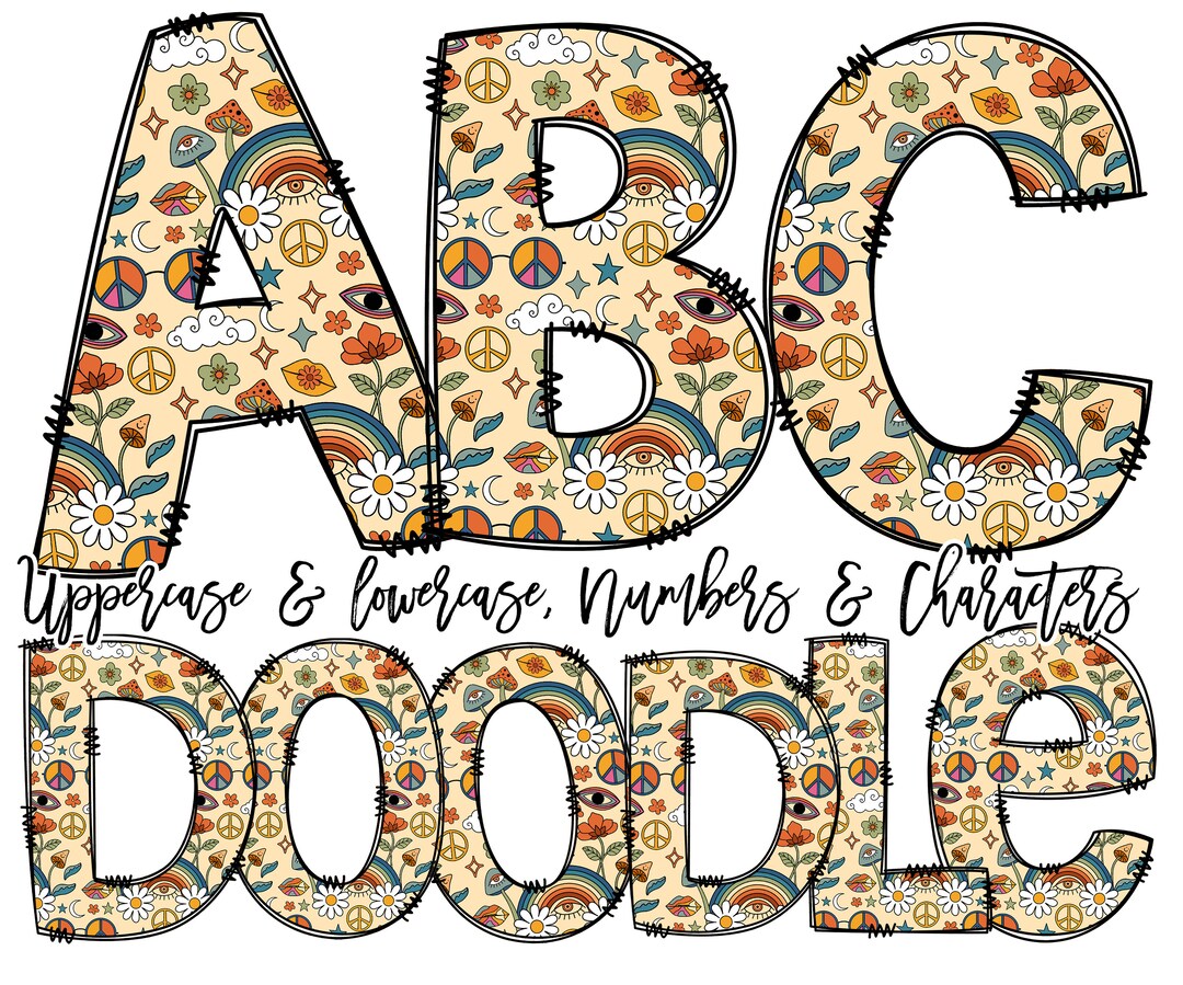 Doodle Font Retro Rainbow Doodle Letters, Retro Alphabet Pack, Rainbow ...