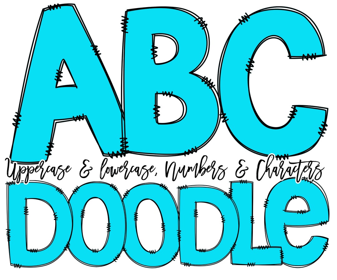 Bright Blue Hand Drawn Doodle Alphabet Pack, Solid Color Faux Stitching ...