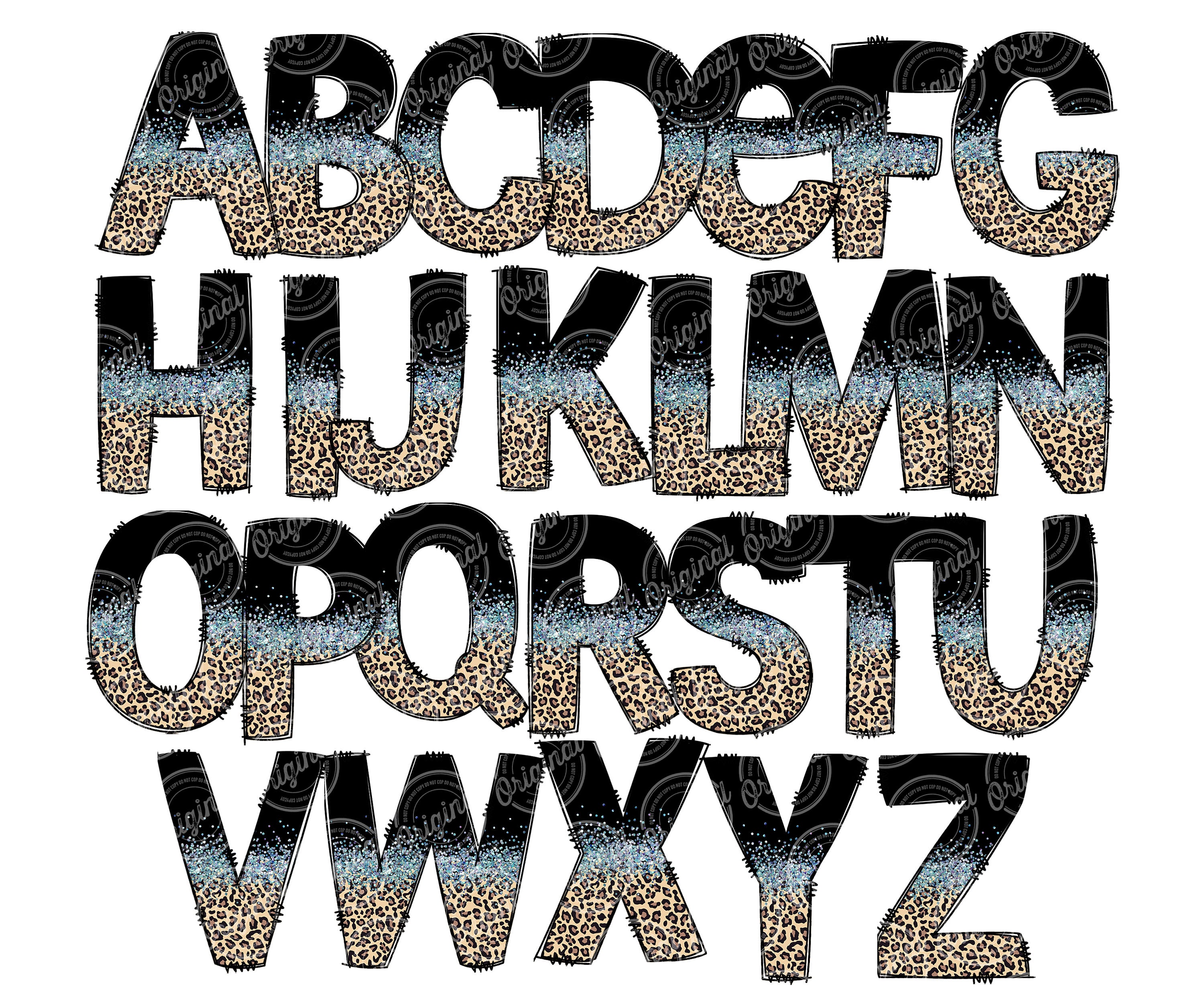 Doodle Font Leopard Half Glitter, Doodle Letters PNG, Sublimation Png ...