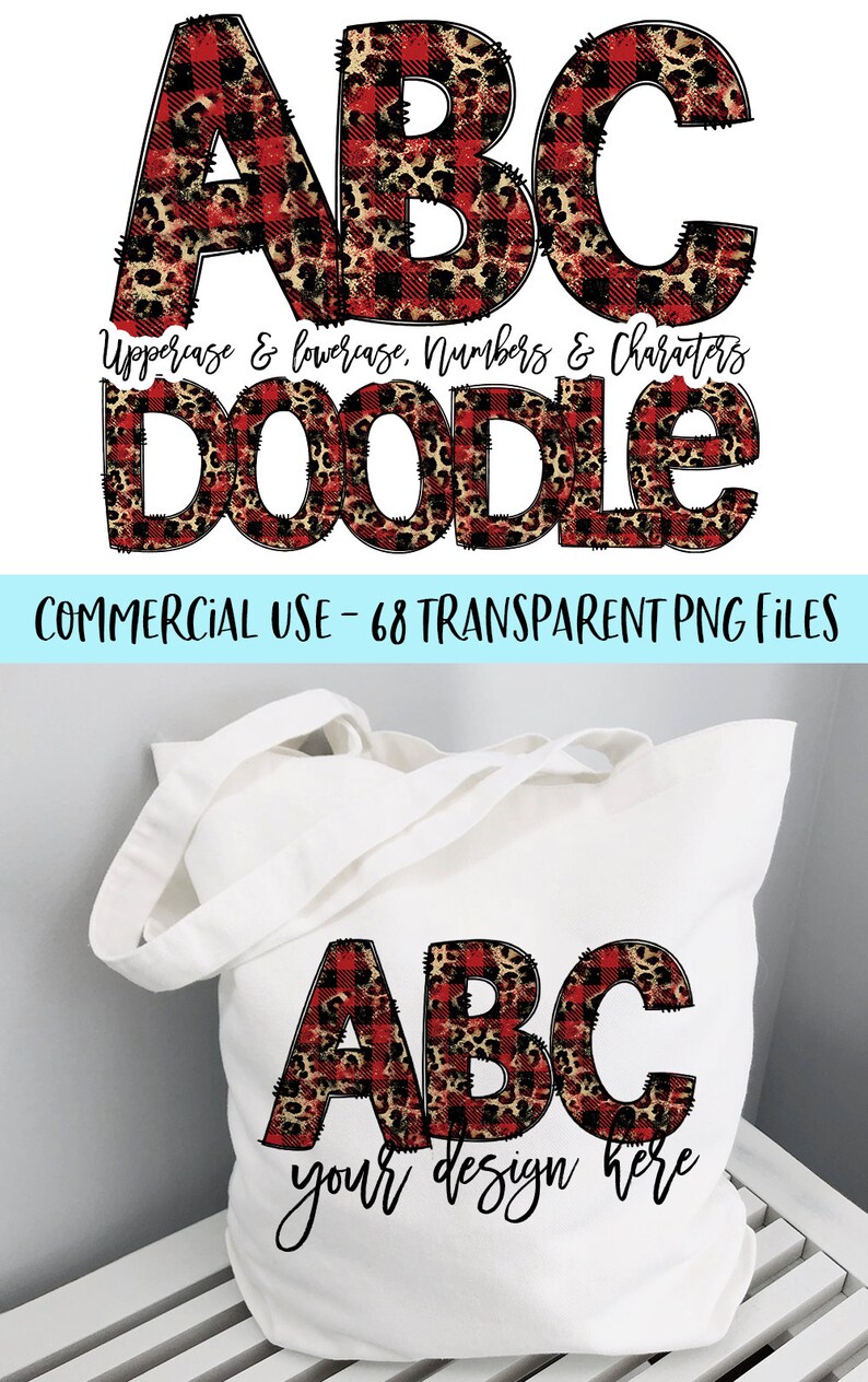 Doodle Font Leopard Plaid Doodle Letters, Animal Print Alphabet Pack ...