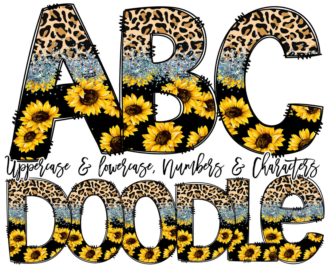 Doodle Font Leopard Sunflower Alphabet Set, Cheetah Doodle Letters, for ...