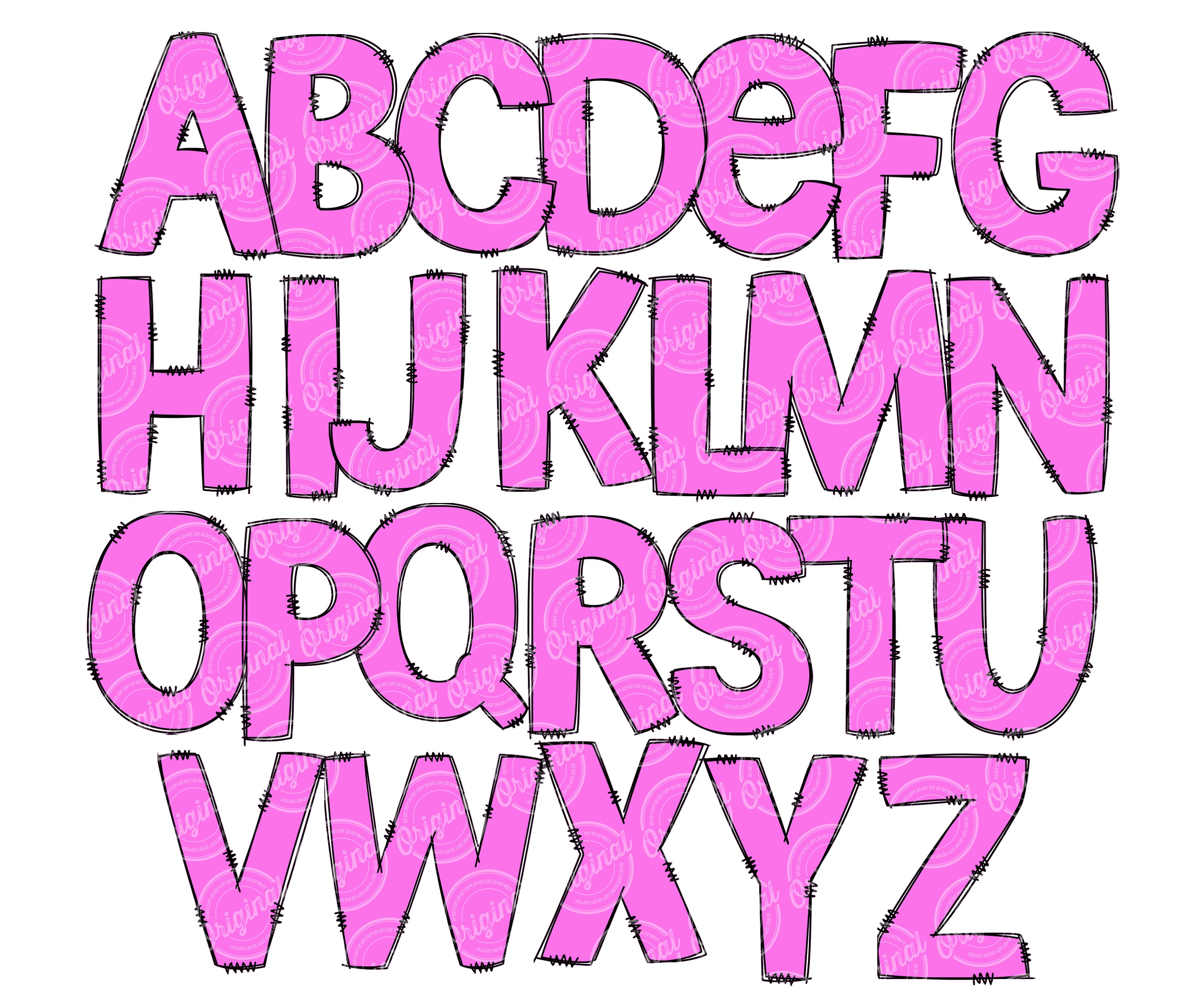 Fluro Pink Hand Drawn Doodle Alphabet Pack, Solid Color Faux Stitching ...