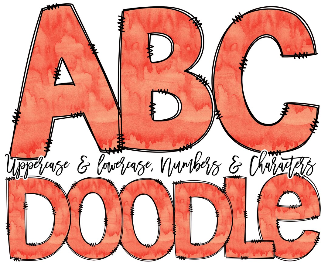 Orange Watercolor Doodle Font Letters & Numbers Commercial Use ...