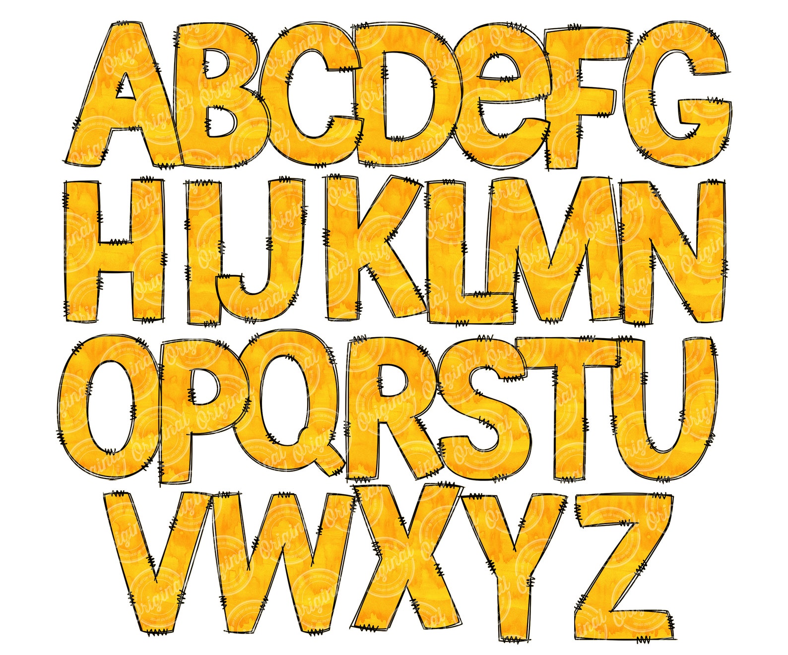 Dark Yellow Watercolor Doodle Font Letters & Numbers Commercial Use ...