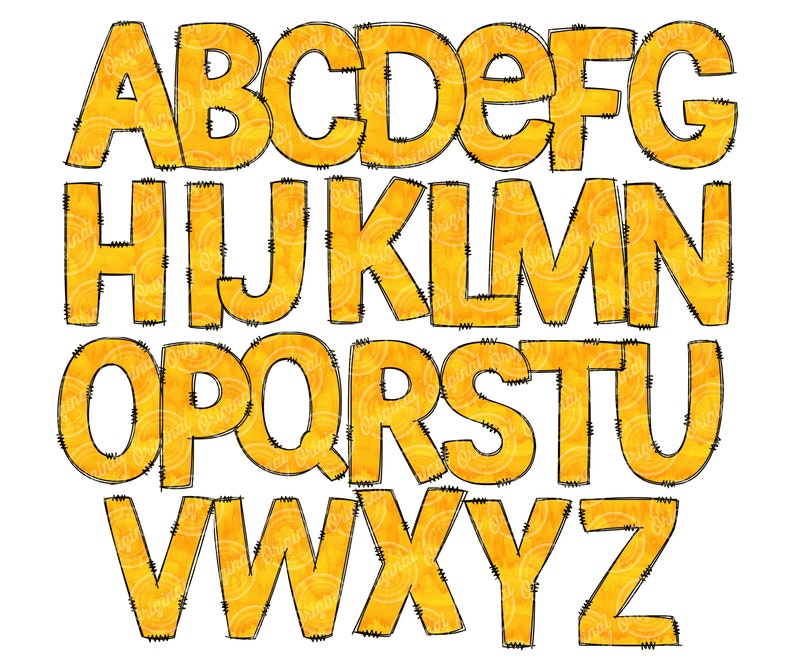 Dark Yellow Watercolor Doodle Font Letters & Numbers Commercial Use ...