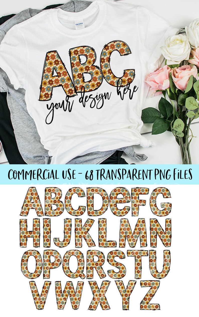 Doodle Font Retro Flowers Doodle Letters, Retro Alphabet Pack, Flower ...