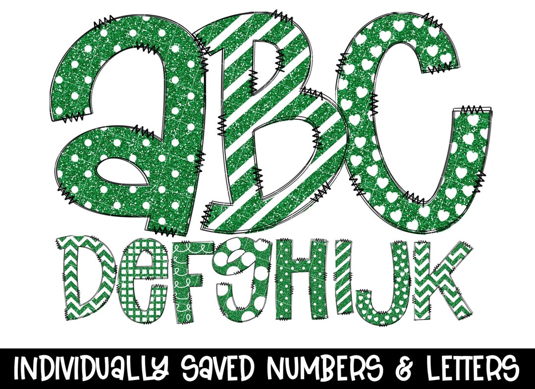 Doodle Letters, Dark Green Glitter Alphabet Bundle PNG, Pattern ...