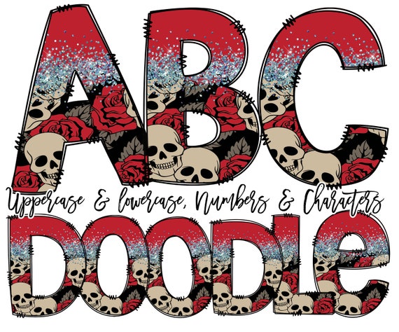 Valentines Day Skull Alphabet Set Doodle Letters Font for | Etsy