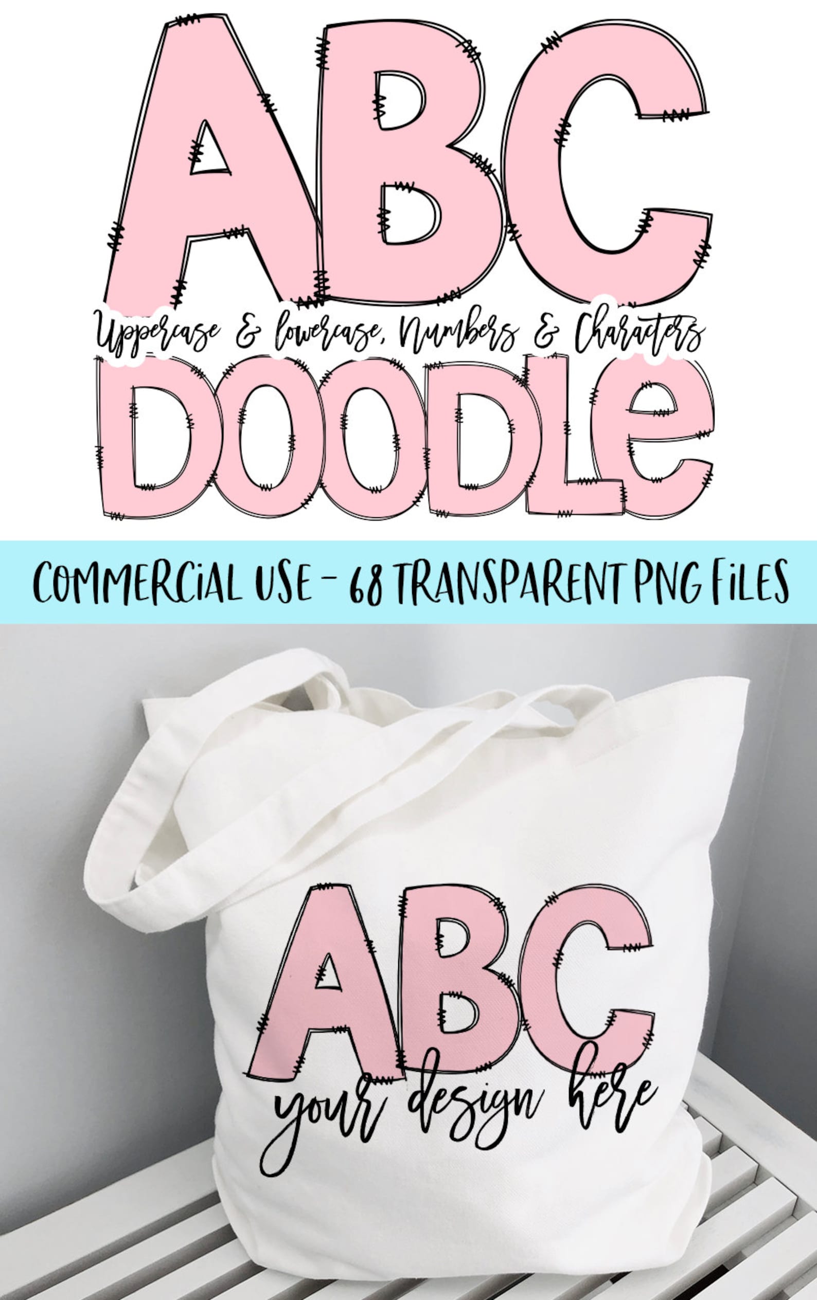 Light Pink Hand Drawn Doodle Alphabet Pack, Solid Color Faux Stitching ...