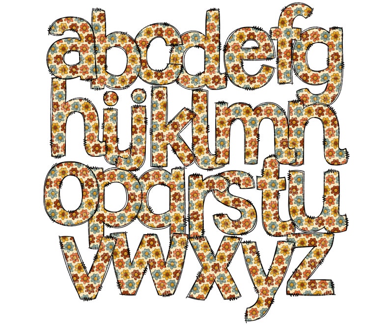 Doodle Font Retro Flowers Doodle Letters, Retro Alphabet Pack, Flower ...