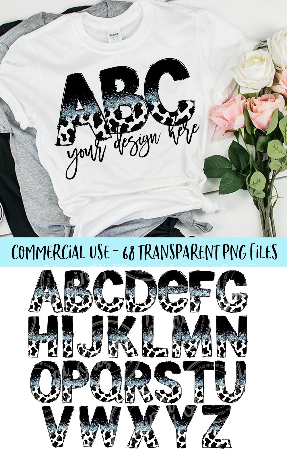 Doodle Font Cow Print Half Glitter Doodle Letters Cow Hide - Etsy