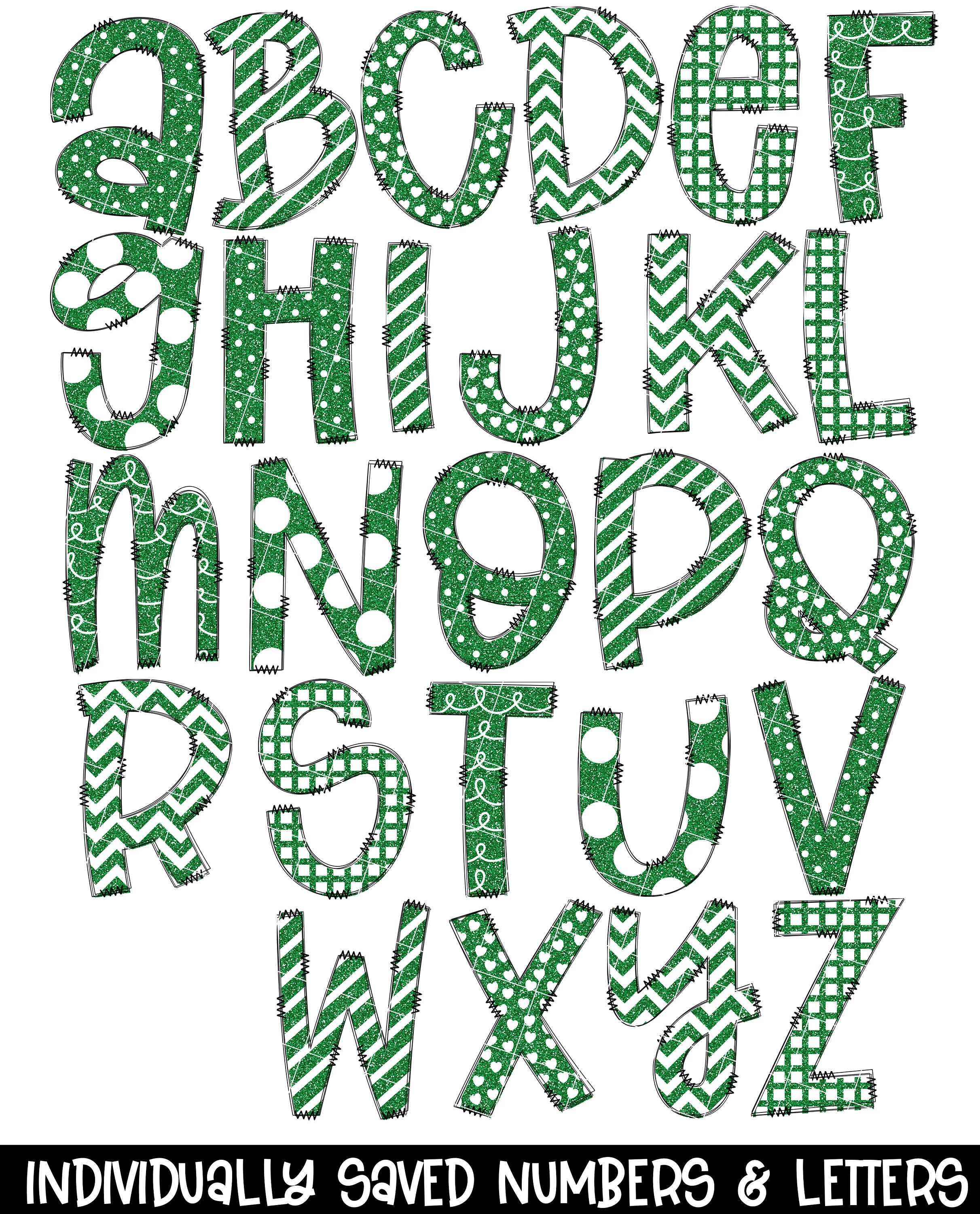Doodle Letters, Dark Green Glitter Alphabet Bundle PNG, Pattern ...