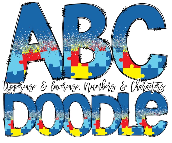 Doodle Font Autism Half Glitter Doodle Letters PNG - Etsy