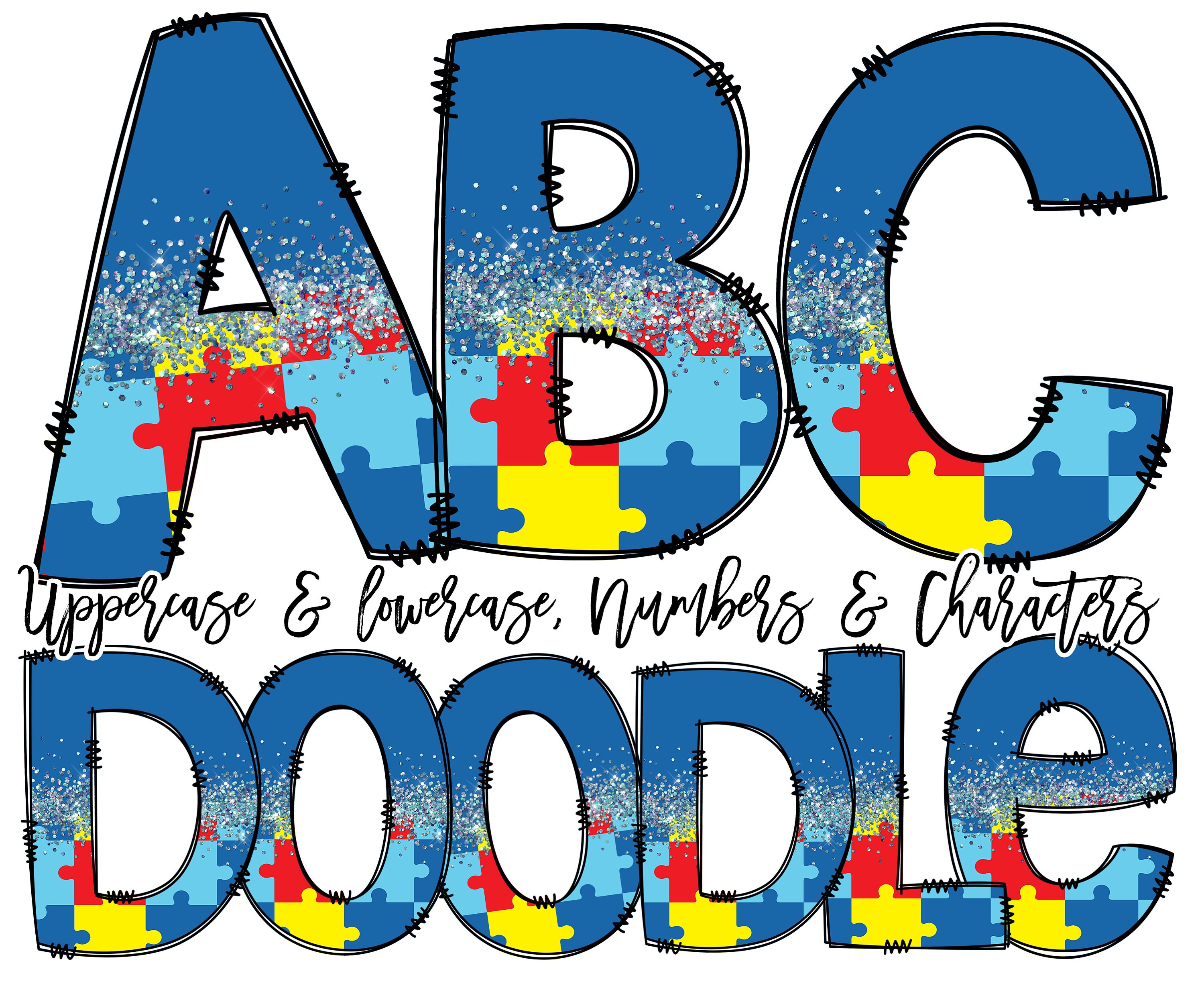 Doodle Font Autism Half Glitter Doodle Letters PNG - Etsy