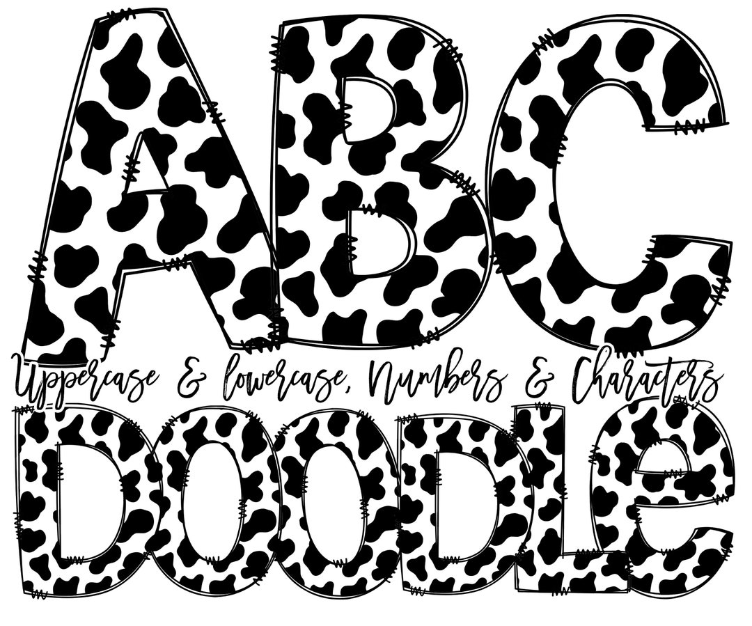 Doodle Font Black and White Cow Hide Doodle Letters, Animal Print ...